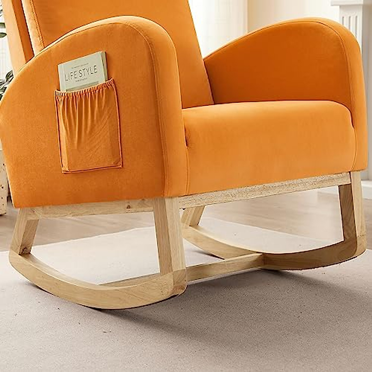 BeiXuan Modern Wood Indoor/Outdoor Rocking Chairs, Single Sofa Accent Nursery Rocking Chair with High Back Side Bag,Upholstered Glider Rocker for Living Room/Bedroom/GardenPatio,Orange Flannel Cloth