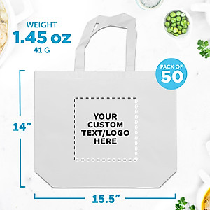 DISCOUNT PROMOS Custom Jumbo Sized Tote Bags Set of 50, Personalized Bulk Pack - Reusable Grocery Bags, Shopping Bags, Promotional Item Totes for Women - White