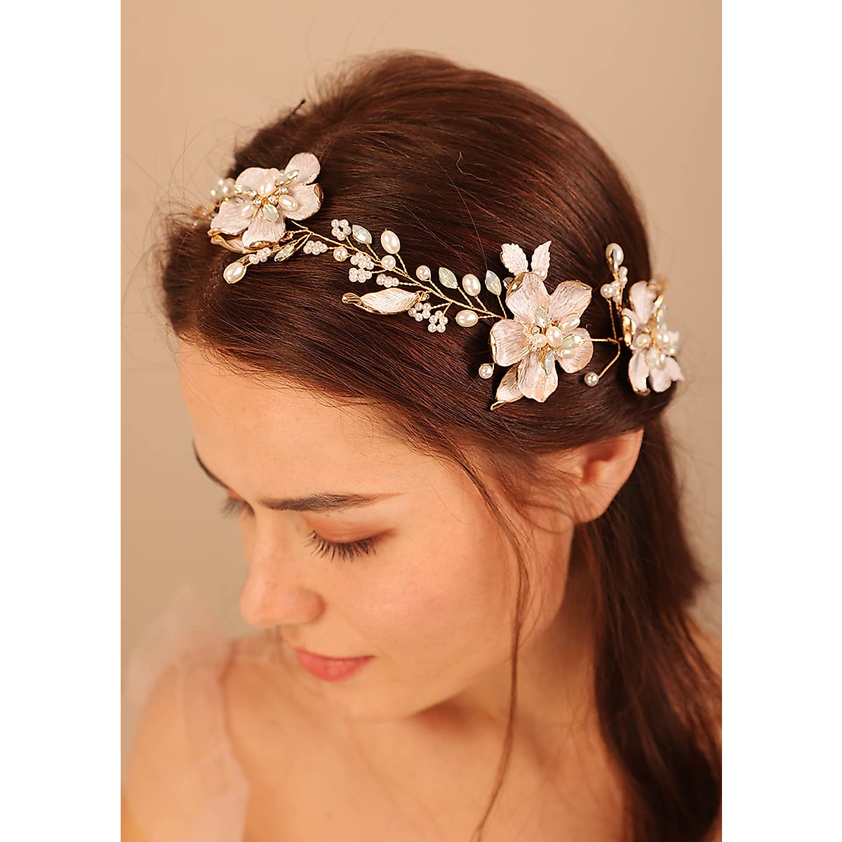 Kercisbeauty Wedding Bridal Gold Headband Women and Girls Flower Hair Piece for Special Occasion Photo Shoot Hair Vine Jewelry