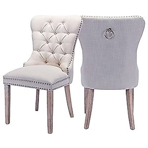 Kmax Linen Elegant Upholstered Dining Chairs, Fabric Armless Accent Chair with Ring Pull Solid Wood Legs, Set of 2 - Beige