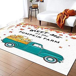 Thanksgiving Outdoor Rug, Large Floor Mat Pumpkin Truck Maple Leaf Non Slip Area Rug Rubber Backing Quick Dry Clearance Carpet for Camping Rugs, Patio, Garden, Lawn, Deck, Porch, 5' x 8'