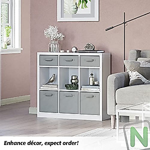 Wooden 9 Cube Storage Organizer Set. Includes Six Fabric Storage Cube Bins. Cube Shelves for Clothes, Storage and Toys. (White/Grey)