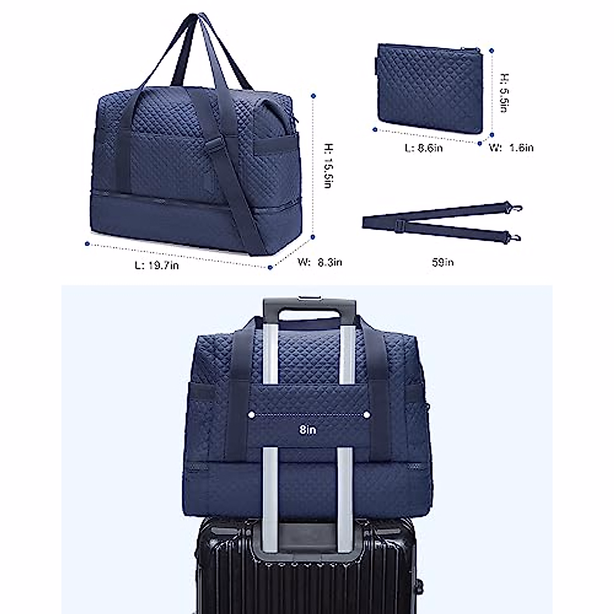 Weekender Bags for Women, BAGSMART 2 Pcs 37L Large Travel Duffle Bag with Shoe Compartment and Wet Pocket for Travel Essentials, Gym Bag Overnight Hospital Bag for Labor and Delivery(Navy Blue)