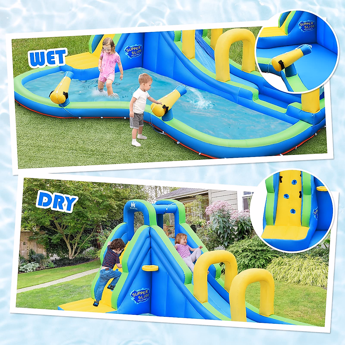 HONEY JOY Inflatable Water Slide, 5 in 1 Water Park Castle Bouncy House w/Water Cannons, Long Slide w/Arch, Indoor Outdoor Blow Up Waterslide Inflatables for Kids and Adults Backyard(Without Blower)