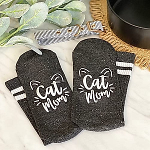 Boutique Cat Mom Crew Socks for Women - Soft Fuzzy No Slip Grip Soles - Fun Novelty Wife, Grandma, or Girl Birthday Gift or Christmas Present Stocking Stuffer - Sock Gifts for Best Friend - Charcoal