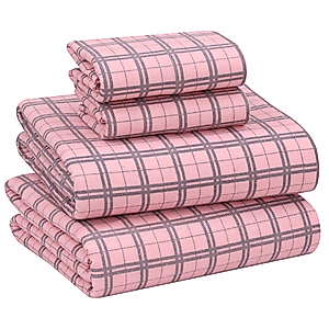 RUVANTI Flannel Sheets Full Size - 100% Cotton Brushed Flannel Bed Sheet Sets - Deep Pockets 16 Inches - All Seasons Breathable & Super Soft - Warm & Cozy - 4 Pcs - Check & Bolt Pink
