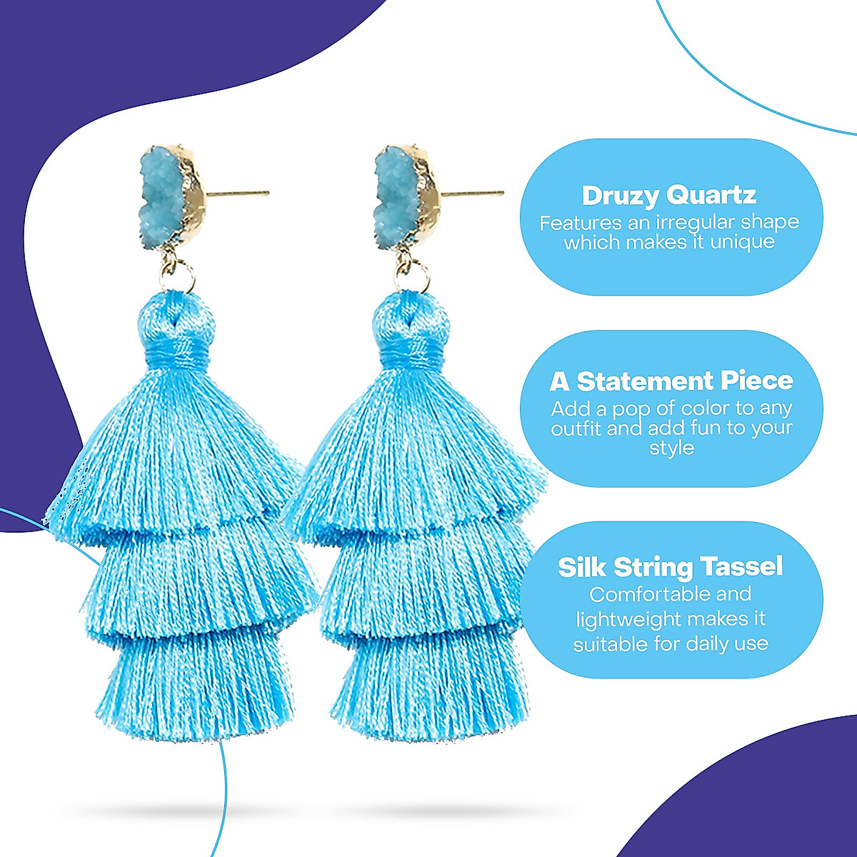 Rave Envy Colorful Tassel Earrings for Women - Light Blue Dangle Tassle 3 Tier Earrings