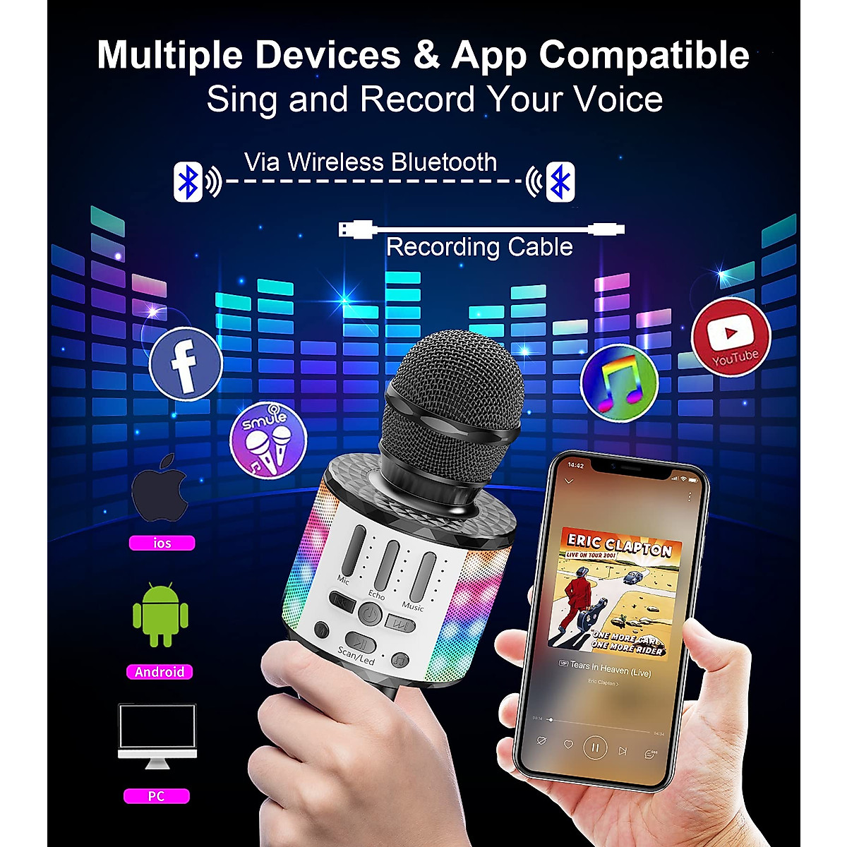 Karaoke Microphone for Kids Adults, Wireless 4 in 1 Handheld Bluetooth Microphone with LED Lights, Portable Smartphone Speaker Boys Girls Singing Toys for Home KTV Outdoor Christmas Birthday Party