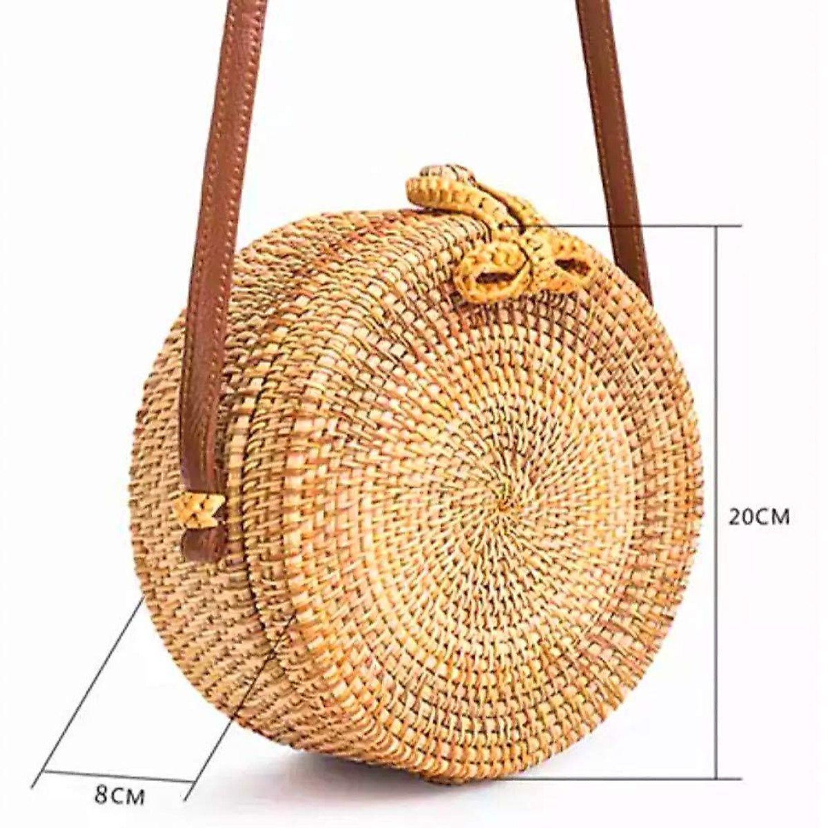 Kbinter Handwoven Round Rattan Straw Bag for Women Shoulder Leather Button Straps Natural Chic Handmade Boho Bag Bali Purse (Bow-Tie)