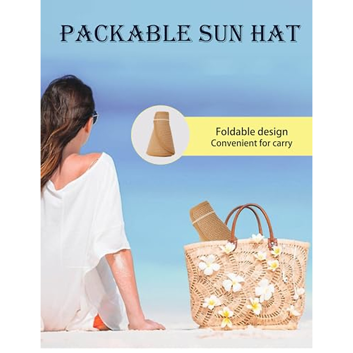 OTPEH Women Packable Beach Sun Straw Hats Wide Brim Visor Sunhat Travel Foldable Summer UV Protection Khaki
