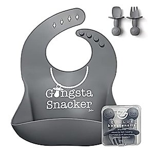 Funny Bibs, Baby Snacker Bib Set, Silicone Baby Feeding Set, Silicone Bib, Teething Utensils, Baby Shower, Toddler Self Feeding Set, Stage One, Unisex (Grey)