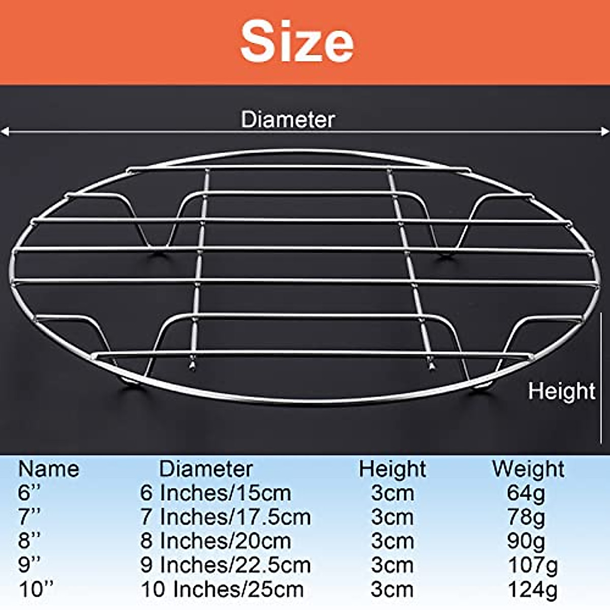 Wotermly 5 Pack Round Cooling Racks Set, 6, 7, 8, 9, 10 inch Air Fryer Rack Steamer Rack Baking Rack Stainless Steel Cake Pan for Baking Canning Cooking Lifting Food in Pots