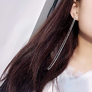 HUJUON Elegant Long Rhinestone Chain Earrings. Punk Double Strand Tassel Line Earrings Minimalism Crystal Drop Earrings for Women Wedding Jewelry (Silver)