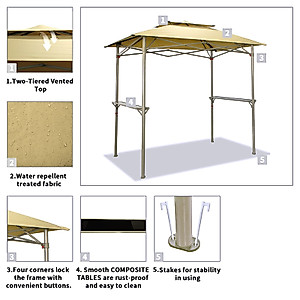 CROWN SHADES Grill Gazebo 8 x 5 Double Tiered Outdoor BBQ Gazebo Canopy with Two Handy Shelves (Beige)