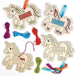 Baker Ross AT317 Unicorn Wooden Cross Stitch Ornament Kits - Pack Of 5, Arts And Crafts For Kids