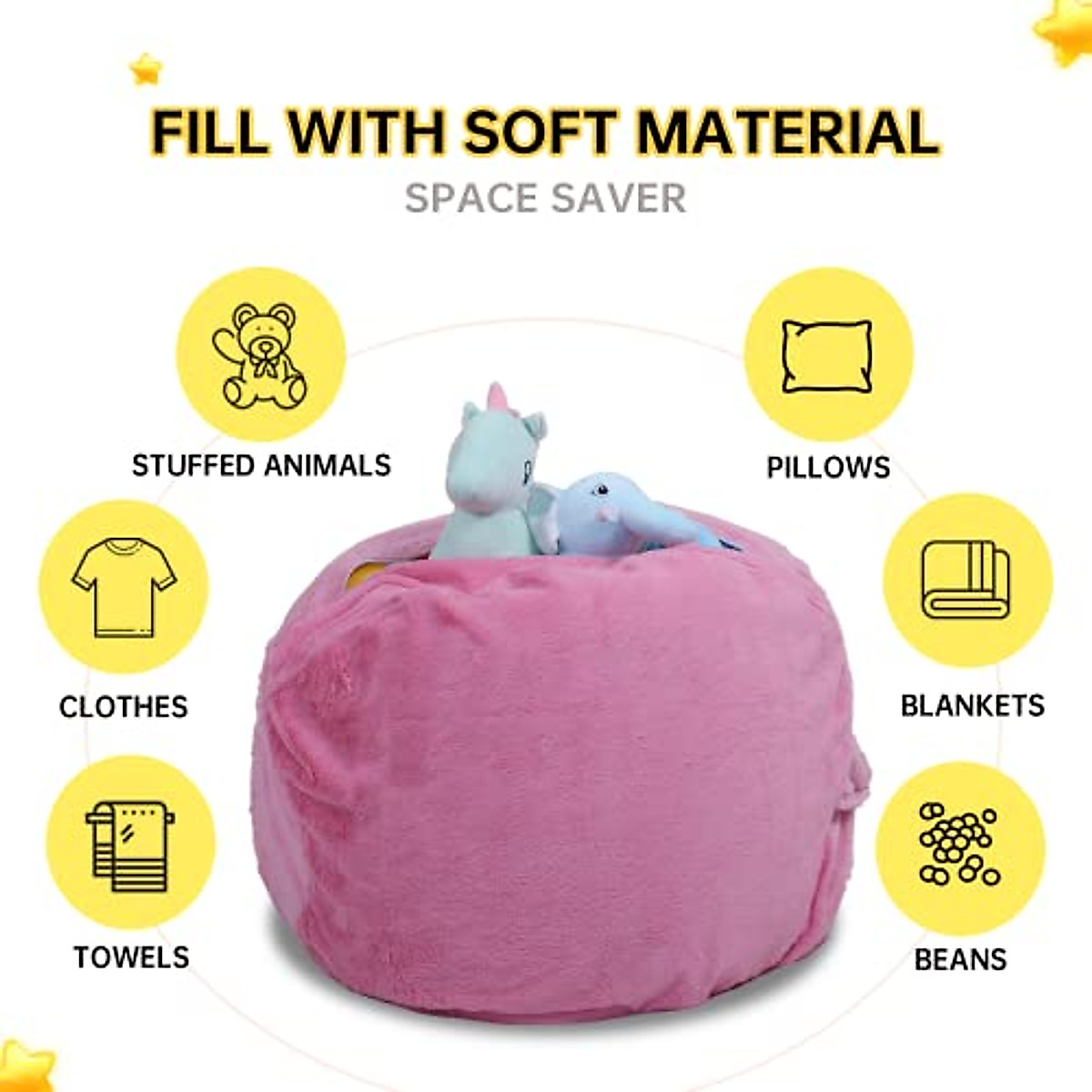 LUCKYBOY Kids Stuffed Animal Storage Bean Bag Chair without Filling,Cozy Faux Fur Beanbag Cover for Kids Gift, Pink Girls Bean Bag,Plush Toys Holder and Organizer