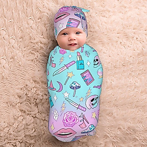 Newborn Swaddle Blankets Hat Sets Soft Stretchy Girly Pastel Witch Goth Pattern Baby Stuff Receiving Blanket Gifts for Infant Baby Boy Girl