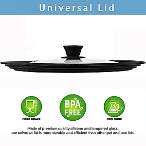 Universal Lid for Pots, Pans and Skillets - Tempered Glass with Heat Resistant Silicone Rim and Heat Resistant Handle Fits 6.5", 7" and 8" Diameter Cookware, Black