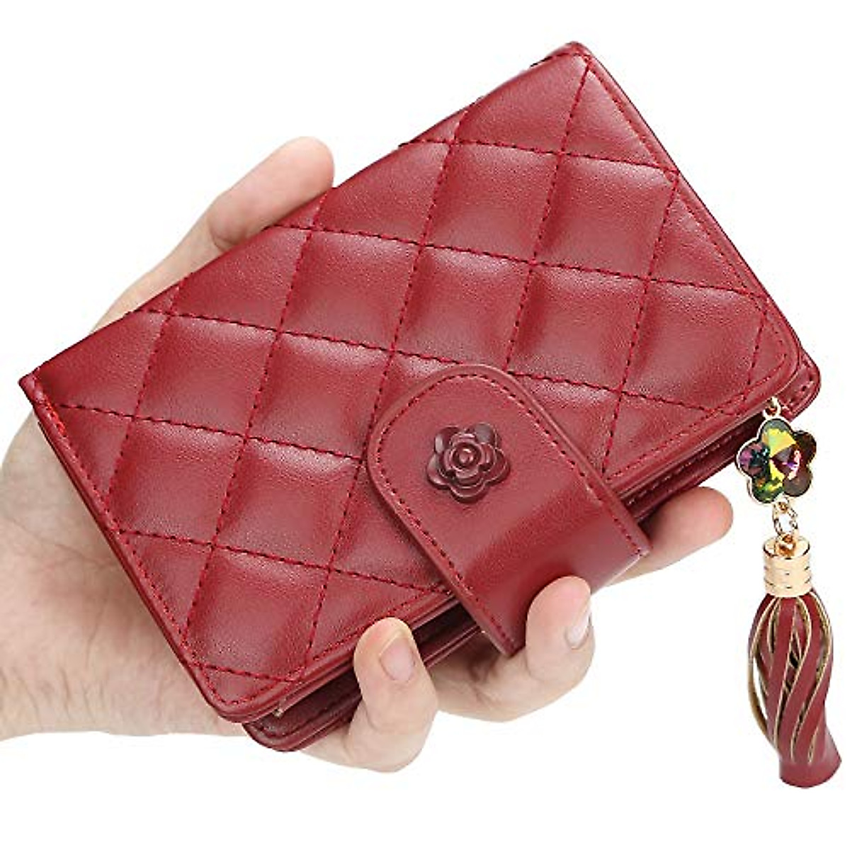 Women Bifold Leather Wallet Nlocking Ladies With Card Holder Window Coin Purse (Red)