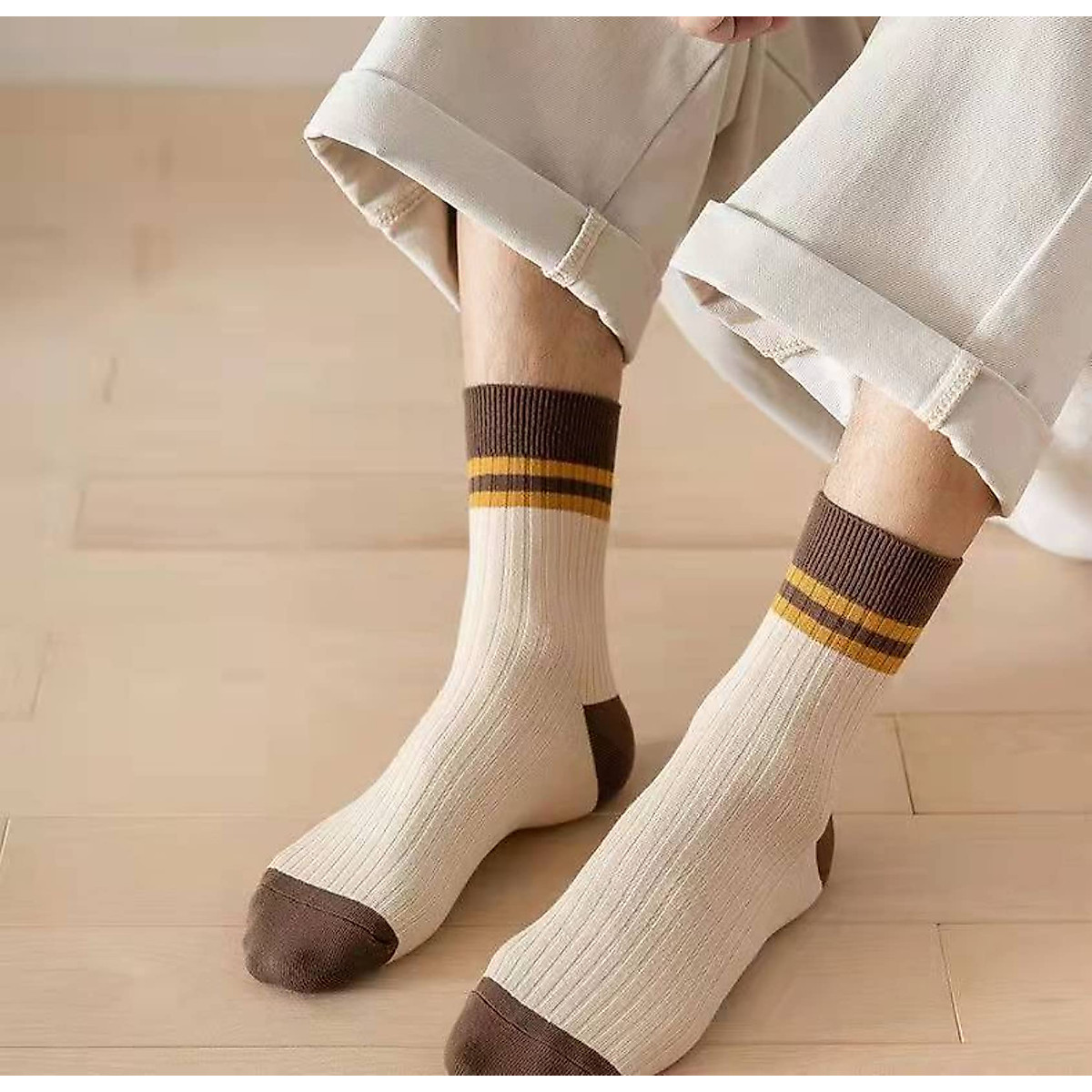 ZINDE 6 Pairs Soft Cotton Socks for Women Girl Thick Knit Breathable Cute Stripe Fashion Above Ankle Crew Socks Set (6 Pairs-08)