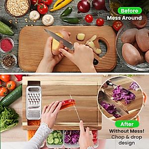 Acacia Wood Cutting Board with Containers & Lids, 3in1 Grater and bonus Bamboo Phone and Tablet Holder by SWILLT-Large Acacia Wood Chopping Board with 4 Storage Trays, Food Prep Cleanup, Juice Groove