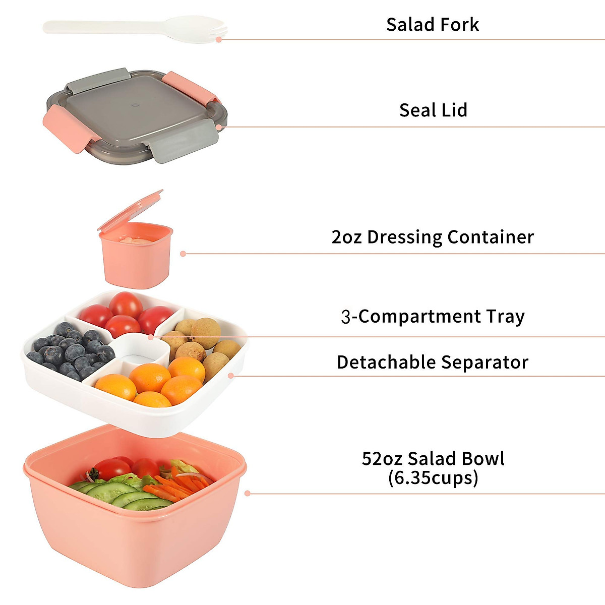 shopwithgreen 52 OZ to Go Salad Container Lunch Container, BPA-Free, Berry Boxes Keep Fresh Produce Saver Food Storage Containers with Leak-proof Lids - Clear, 68oz,Microwave Safe (Pink)