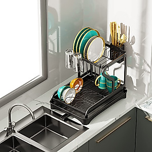 LIMORUNS 2 Tier Dish Rack Dish Drying Rack with Drainboard, Dish Drainer Rack with Utensils, Rustproof Large Black Dish Holders for Kitchen Counter Escurridor De Platos para Fregadero Father's Gift