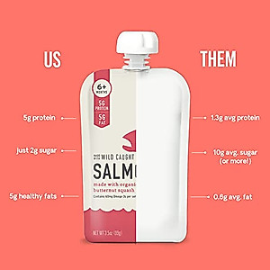 Serenity Kids 6+ Months Baby Food Pouches Puree Made With Ethically Sourced Meats & Organic Veggies | 3.5 Ounce BPA-Free Pouch | Wild Caught Salmon, Butternut Squash, Beet | 6 Count