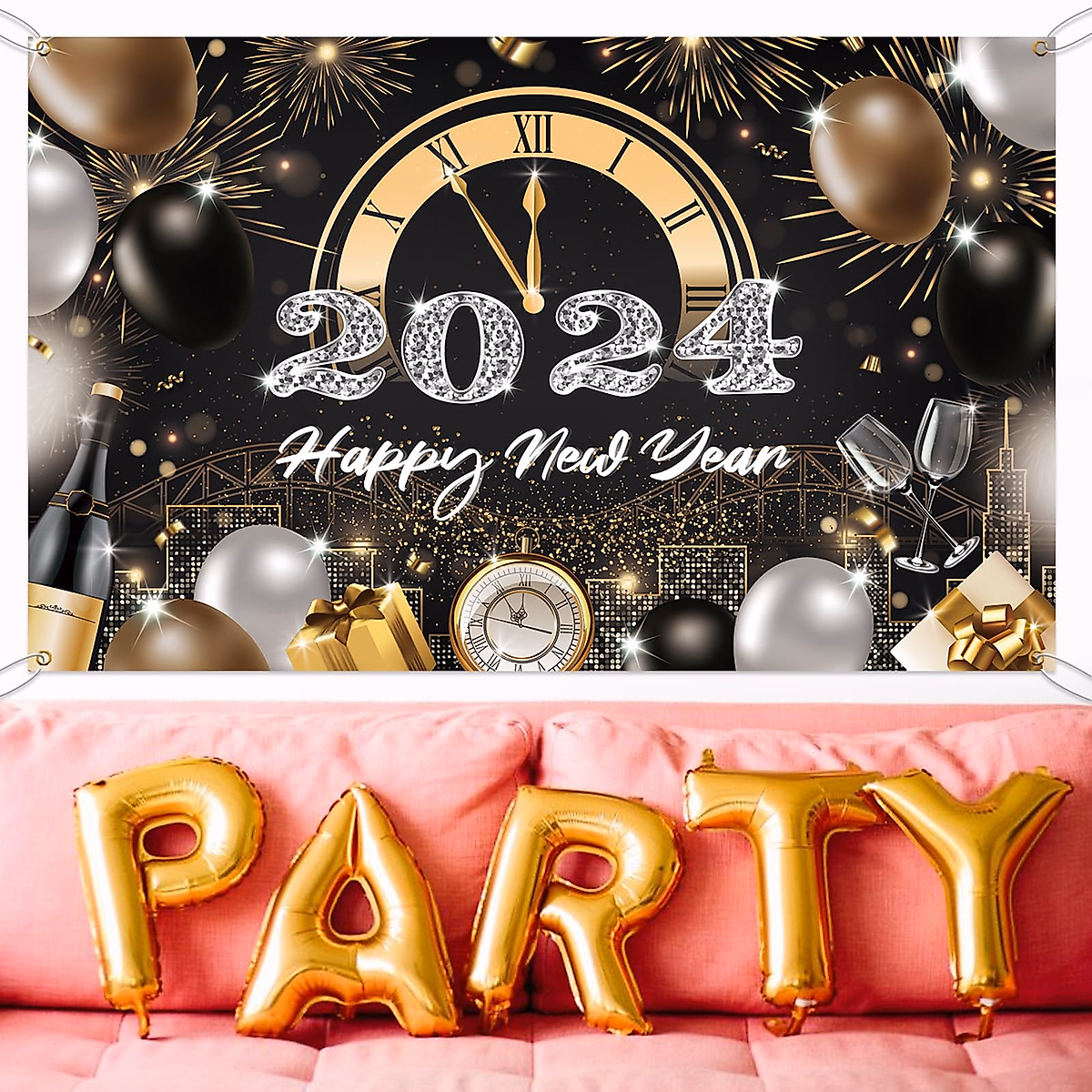 Happy New Year 2024 Backdrop Banner,Cheers to 2024 New Years Banner Decorations,New Years Eve Photography Backdrops 6x4ft