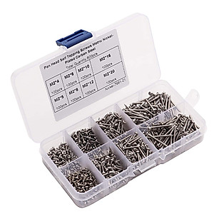 Silver M2 Nickel-Plated Carbon Steel Pan Head Self Tapping Screws (800pcs/Set), Assortment Drilling Screws with Storage Case, 4mm 5mm 6mm 8mm 10mm 12mm 16mm 20mm