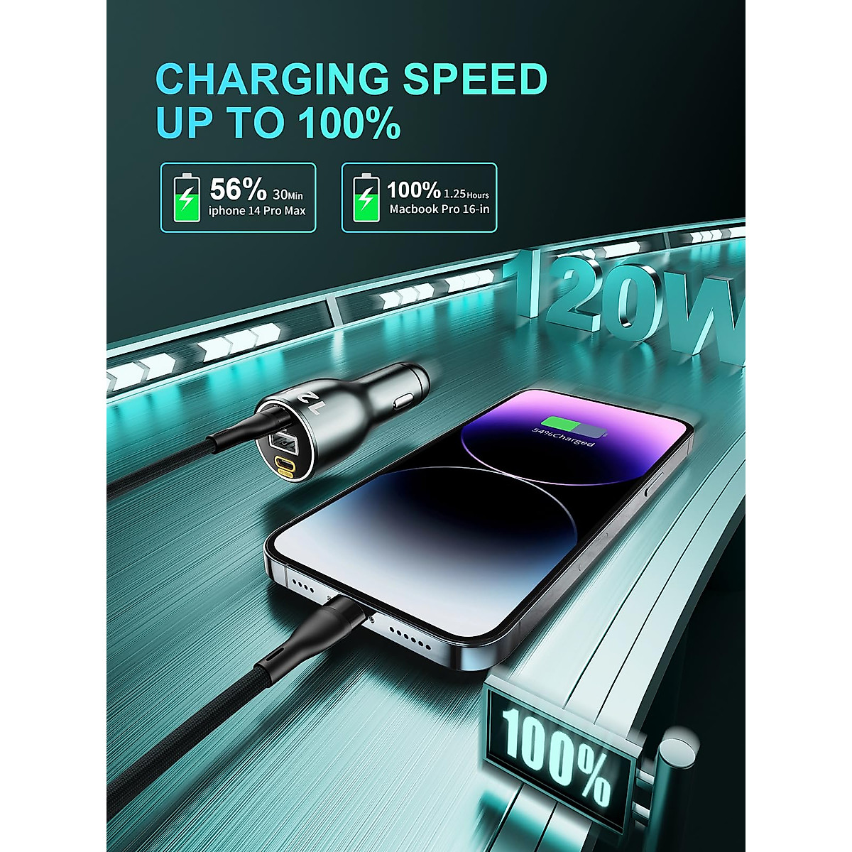 120W USB C Car Charger All-Metal PD3.0 100W/20W+18W 3 Ports Car Laptop Charger Compatible with MacBook,iPhone 15/14/13,Samsung Galaxy S23/22,Google Pixel 7/6(Comes with 100W C-C/20W C-L 3.3FT Cable)