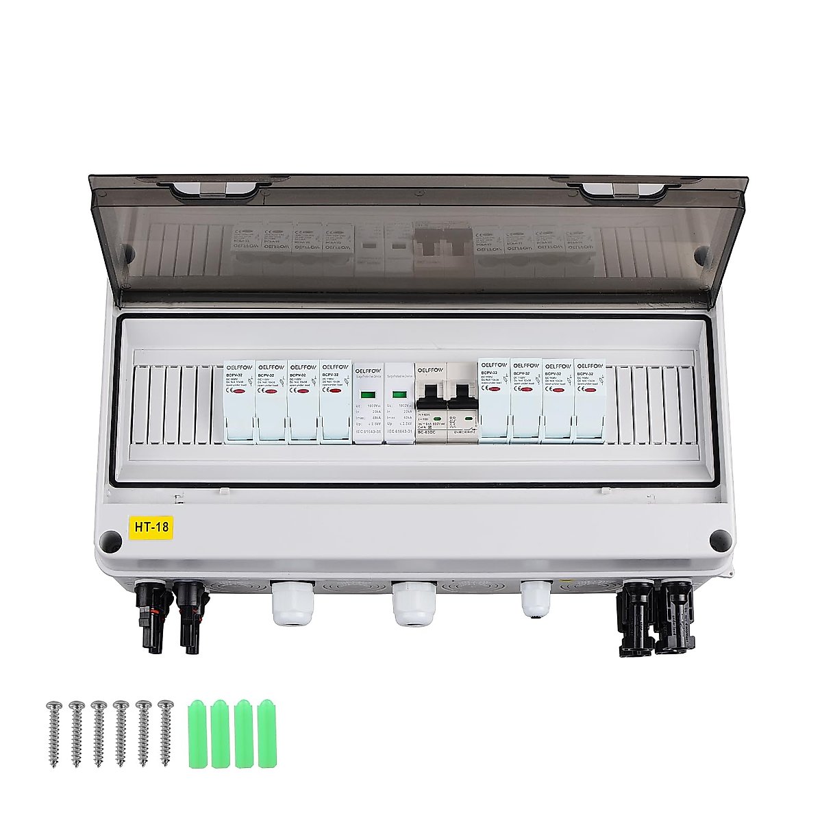 OELFFOW DC1000V 32A PV Combiner Box with 15A Rated Current Fuse, 63A Circuit Breaker, 20kA Surge Protective Device for Solar Panel System, IP65 Waterproof 4 String Grey Junction Box 4 in 1 Out