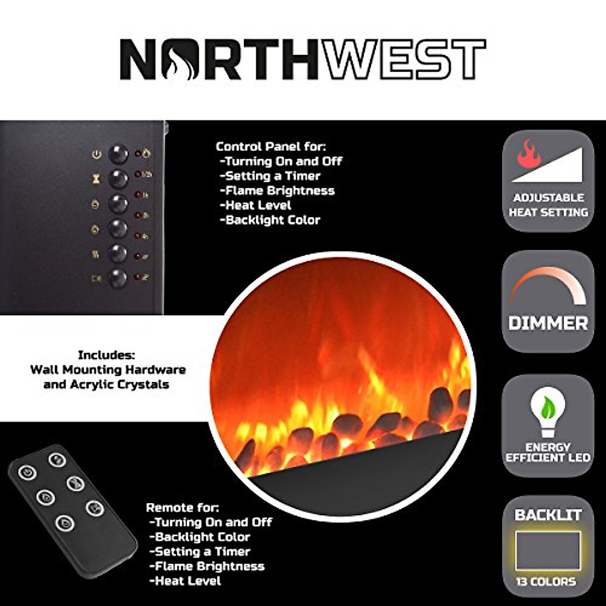 Northwest Electric Fireplace-Wall Mounted with 13 Backlight Colors Adjustable Heat and Remote Control-31 inch (Black), 31"