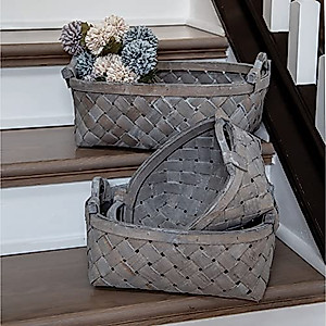 3/set Graywashed Oval Baskets W/wooden Handles Grey Farmhouse Wicker