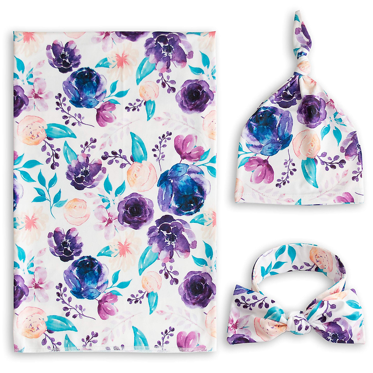 Baby Swaddle Blanket Newborn Girl Swaddle and Headband Newborn Swaddle Set Swaddle Blankets Girl Baby Girl Swaddle Blankets with Headband Newborn Receiving Blanket Headband Set Purple Flowers