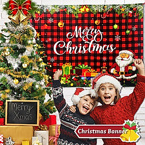 7x5ft Christmas Banner Christmas Tree Santa Claus Snowflake Christmas Backdrop Home Outside Office Decorations Red and Black Plaid Xmas Winter Hanging Wall Party Banner for Photoshoot