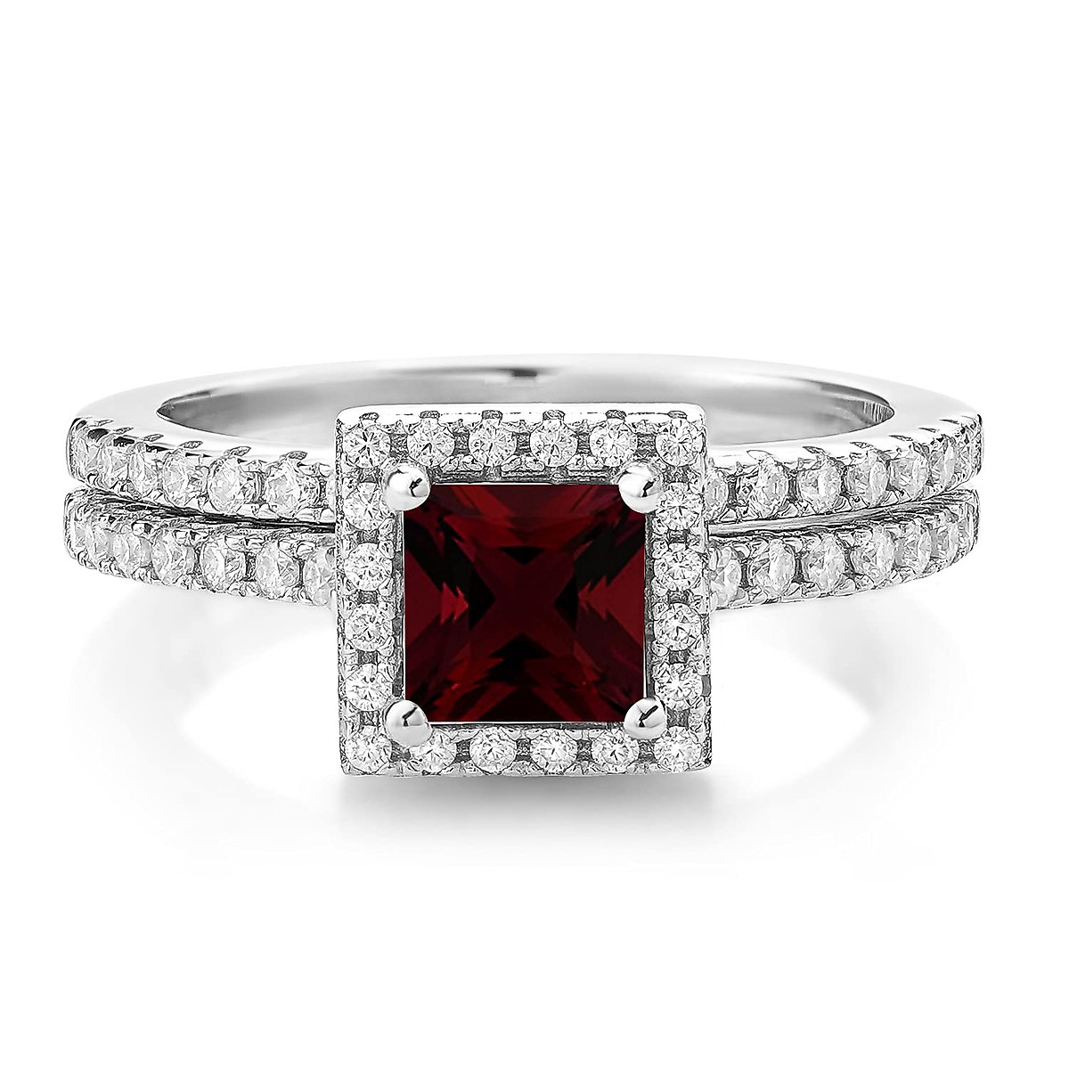 Gem Stone King 925 Sterling Silver Red Garnet and White Moissanite Wedding Engagement Ring Band Bridal Set For Women (1.48 Cttw, Princess Cut 5MM, Gemstone Birthstone, Available in Size 5, 6, 7, 8, 9)