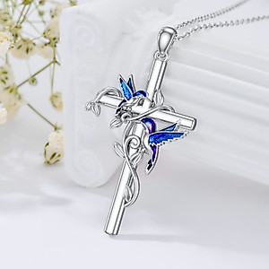 LELOUCHY Hummingbird Cross Necklace 925 Sterling Silver Cross Pendant Necklace Christian Jewelry Gifts for Women