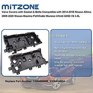 MITZOEN Valve Covers with Gasket & Bolts Compatible with 2014-2018 Nissan Altima 2009-2020 Nissan Maxima Pathfinder Murano Infiniti QX60 V6 3.5L Replace # 13264-9N00A 13264-9N00B