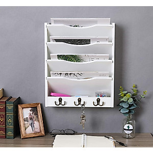 PAG 5-Tier Wall File Holder Hanging Mail Organizer Wood Magazine Literature Rack with 6 Hooks, White