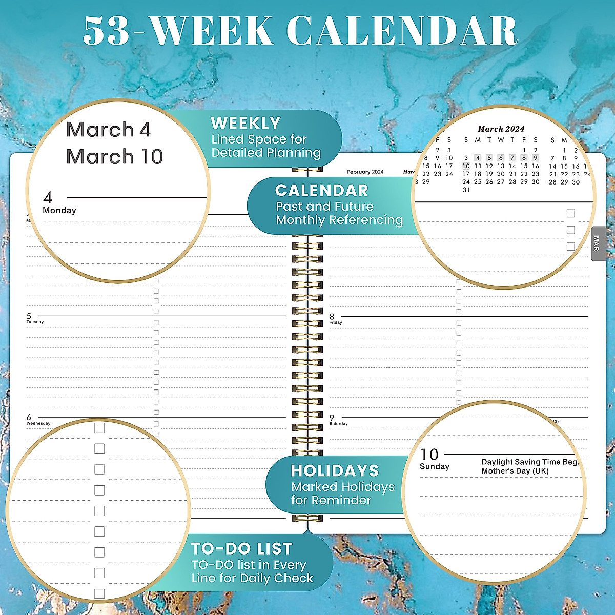 2024 Planner - Jan. 2024 - Dec. 2024, Planner 2024/Calendar 2024, 2024 Planner Weekly and Monthly with Printed Tabs, 8" x 10", Flexible Cover, Thick Paper, Perfect Daily Panner & Organizer - Blue Sand