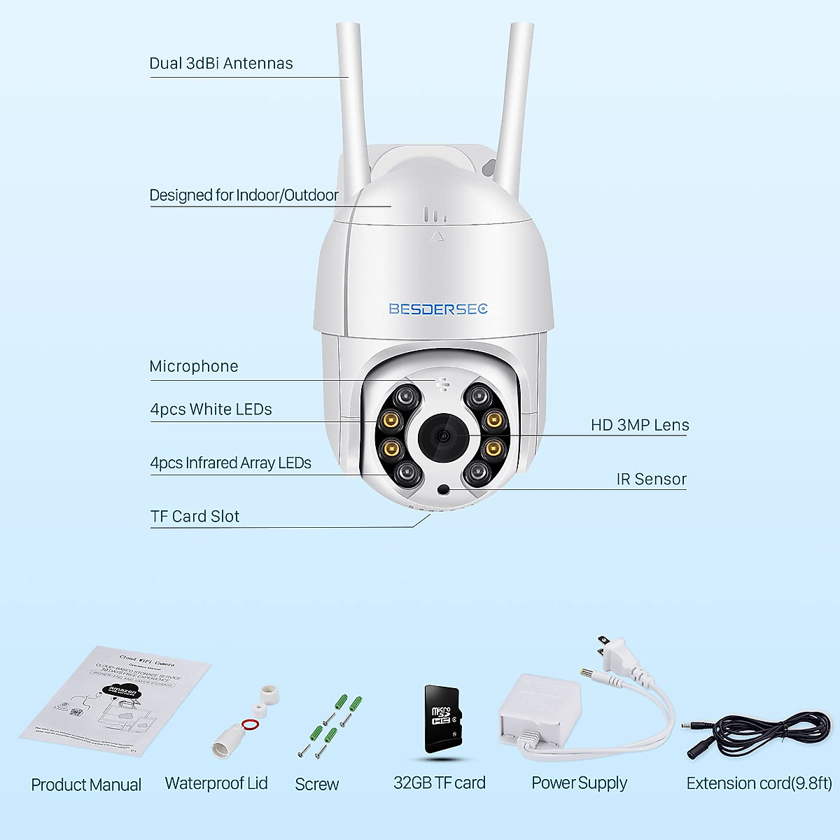 BESDERSEC Security Cameras Wireless Outdoor, Waterproof Cameras for Home Security 360° Panoramic with Night Vision,2-Way Audio,Motion Detection(3MP + 32G TF Card)