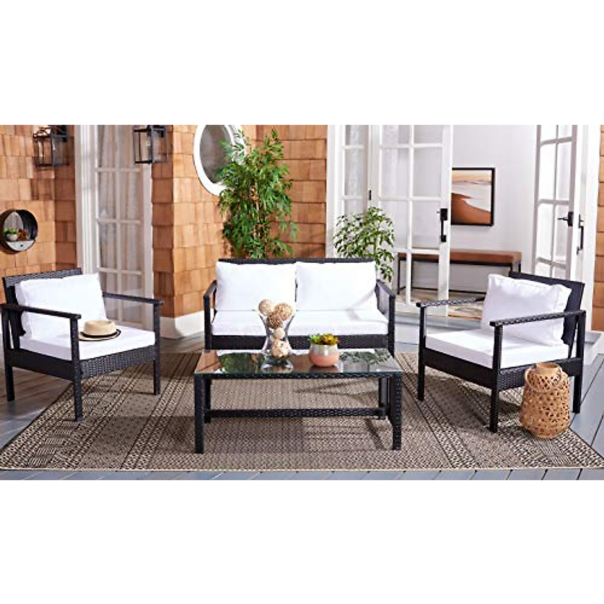 Safavieh Outdoor Collection Garnen Wicker Cushion 4-Piece Living Set PAT7714A, Black/White