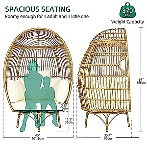 YITAHOME Swivel Outdoor Egg Chair, Wicker Patio Rotating Basket Chair with 370lbs Capacity, All-Weather Oversized Stationary Egg Lounger Chair for Indoor Living Room Outside Balcony Backyard (Beige)