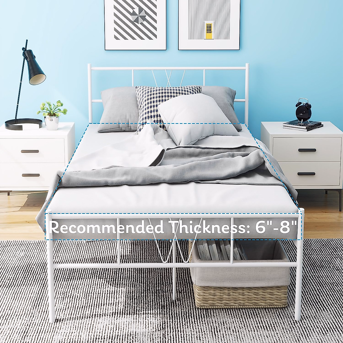 wOod-it Twin Bed Frame with Headboard - 12.8 Inch Metal Platform, Noise-Free Heavy-Duty Steel Slat Mattress Foundation, No Box Spring Required - White