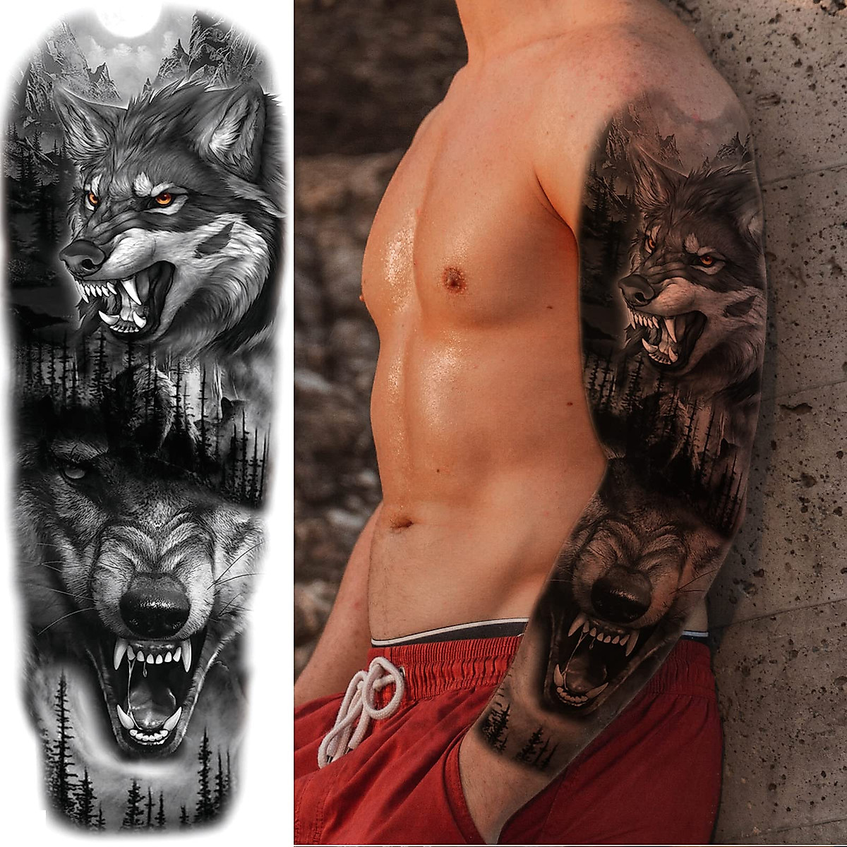 Briyhose Lion Wolf Temporary Tattoo Sleeve, Large Full Arm Animal Tribal Fake Tattoos Sleeve For Men Women Adult, Long Lasting Black Arm Temp Tatoo Sticker Leg Body Art Makeup, 4-Sheet
