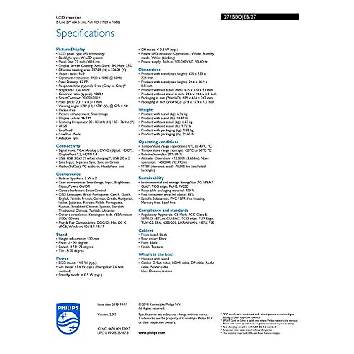 Philips Computer Monitors Philips 271B8QJEB 27" Monitor, Full HD 1920x1080 IPS, HDMI/DisplayPort/DVI-D/VGA, Speakers, USB 3.0 hub, SoftBlue, Flicker-Free, Ergonomic Base, VESA, TCO Edge