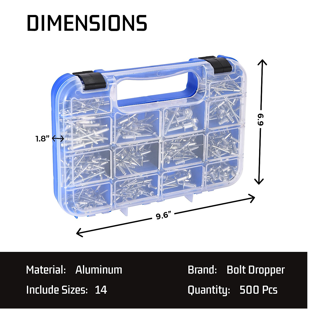 Bolt Dropper 500pc Blind Rivet Assortment Set | All Aluminum Material | Silver Finish | Durable Metal Joining Solution for Projects | Easy-to-Use Blind Rivets | Organized Storage Case with 14 Grids