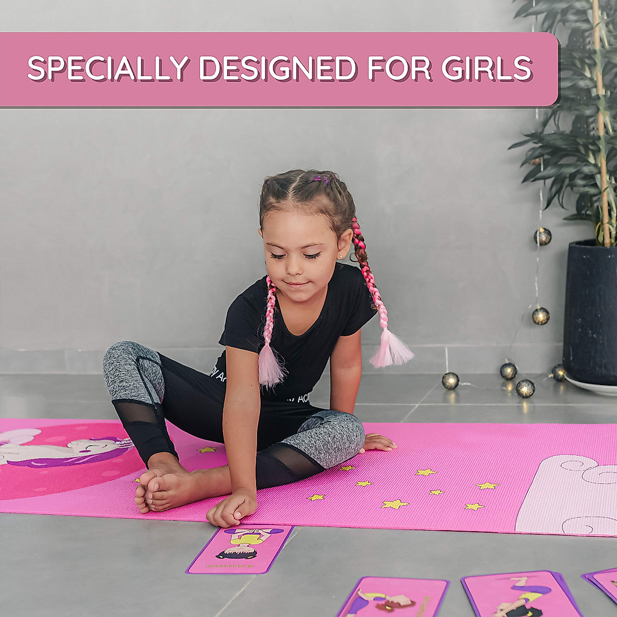 Kids Yoga Mat Set - Fun Unicorn Yoga Mat for Girls - Comfortable - Chemical Free - Non-Toxic - Non-Slip - 60 X 24 X 0.2 Inches - w/ 12 Yoga Cards for Kids - Carrier Bag with Strap - Pink - Ages 4-12