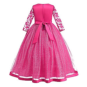 Floral Sequins Lace Princess Pageant 3/4 Sleeve Flower Girl Dress for Kids Junior Bridesmaid Wedding Puffy Party Wear Fall Formal Maxi Dance Evening Ball Gowns for Girls Sequins-Hot Pink 11-12 Years